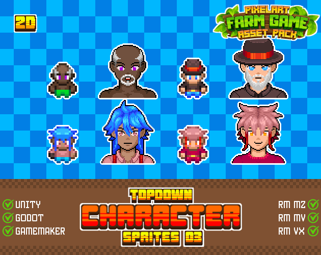 Character Sprites 16x16 Pixelart Asset Pack 3 [Farming Game] by ELV Games