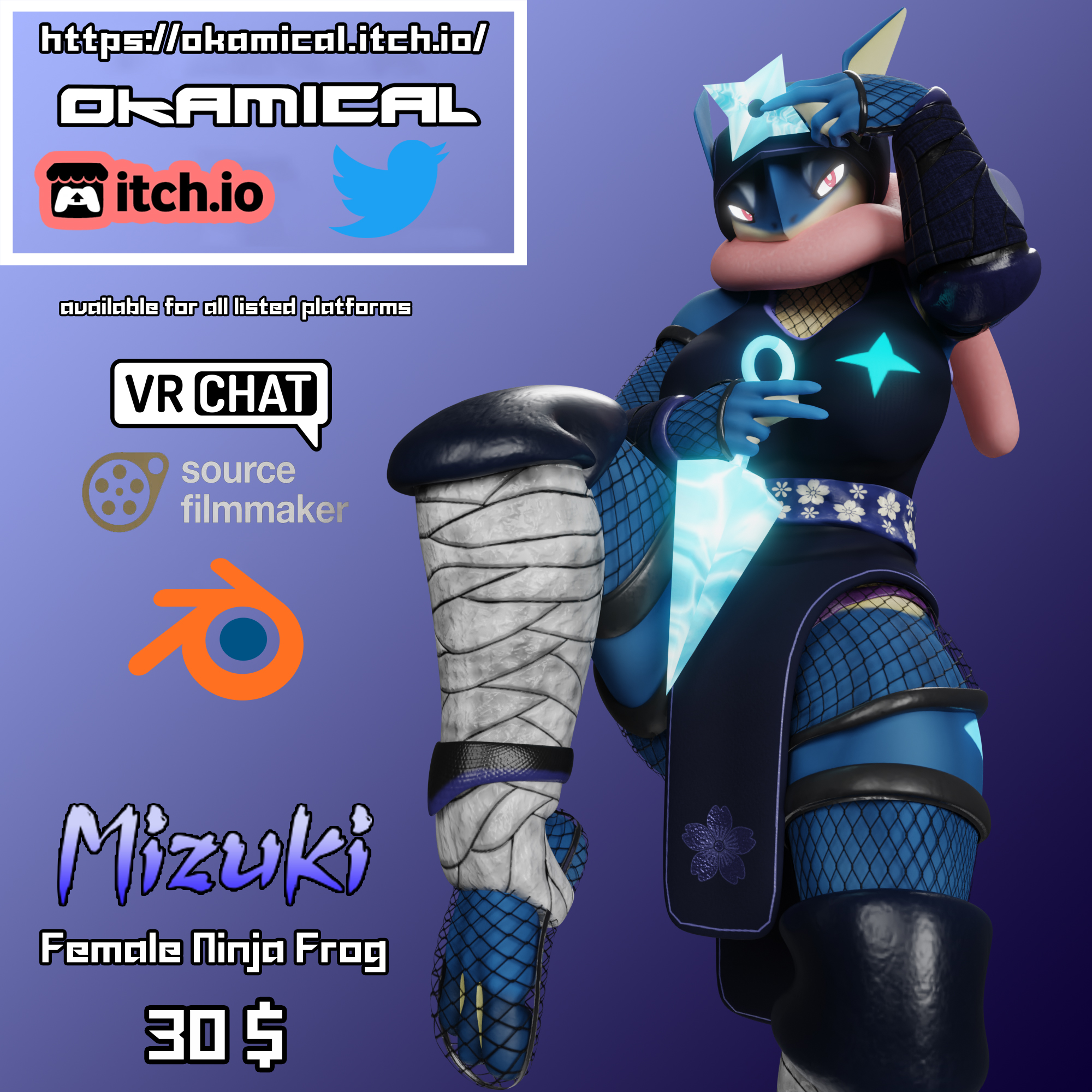 Mizuki FemNinjaFrog (Blender, VRChat, SFM) by Okamical