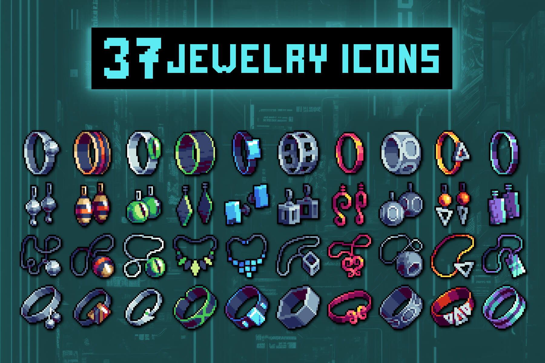 Jewelry Pixel Icons for Cyberpunk by Free Game Assets (GUI, Sprite ...