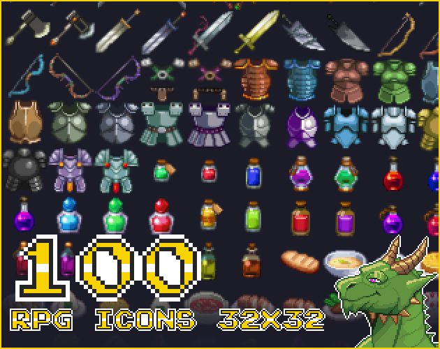 100 RPG Fantasy Icons 32x32 by Average Dragon