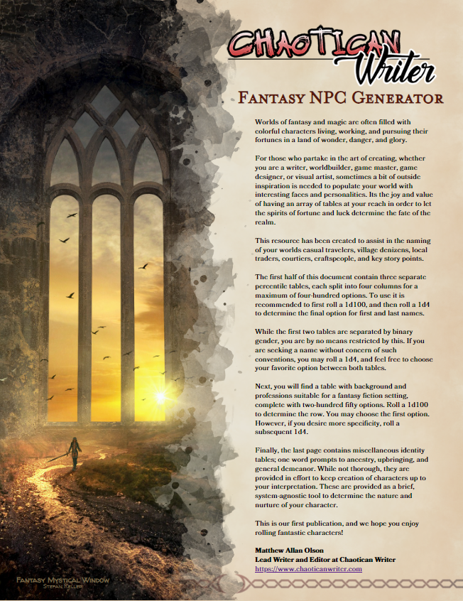 Fantasy NPC Generator (PDF) for TTRPG Games by ChaoticanWriter