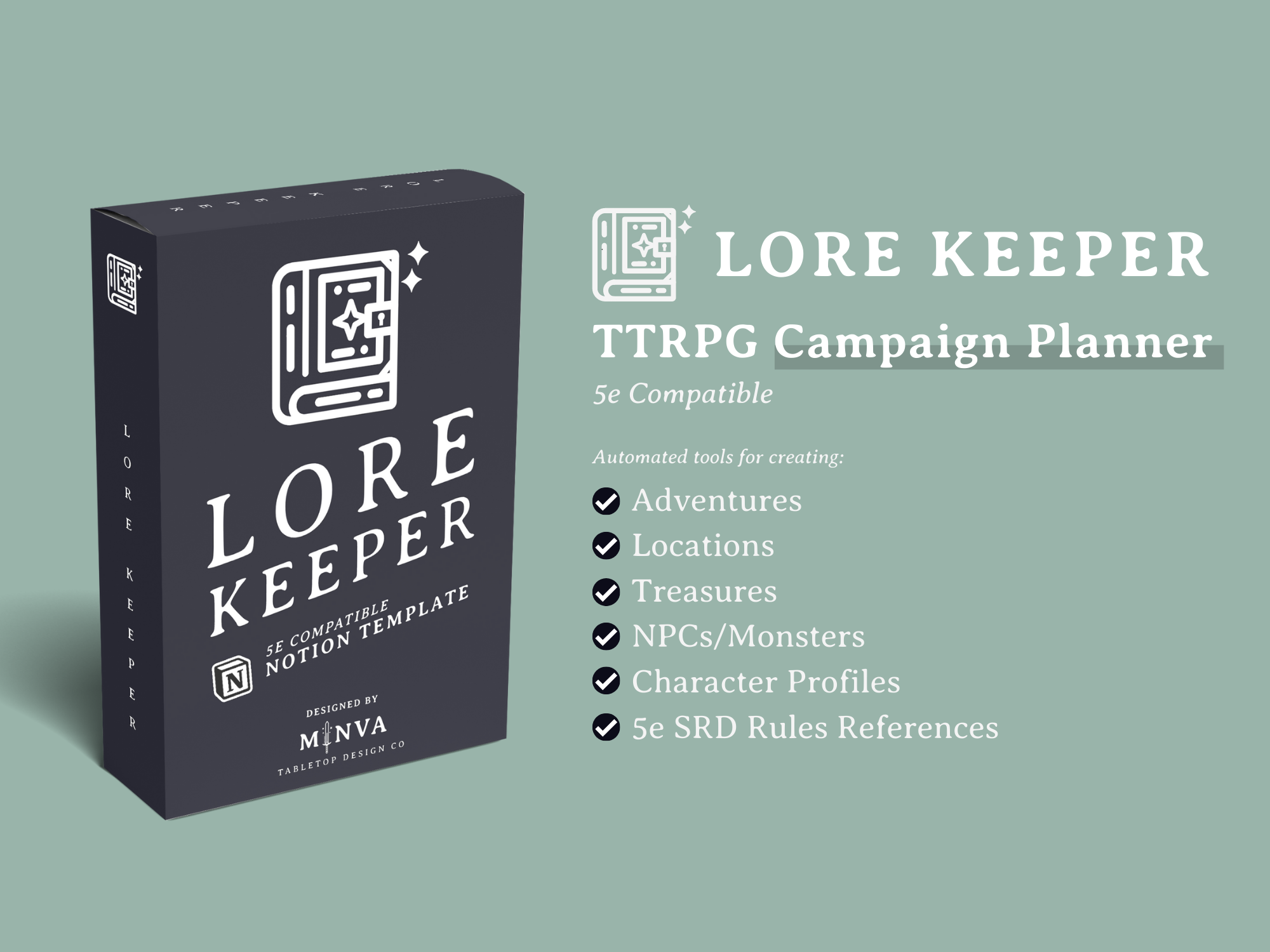 Lore Keeper 5e Notion Template by Minva Tabletop Design Co
