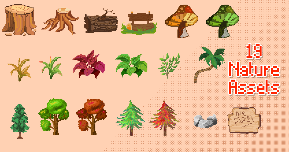 19 detailed pixel 2D Nature game assets by TheRustyArt