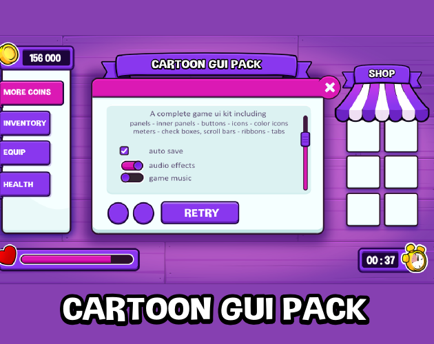 Cartoon themed game GUI by Robert Brooks - gamedeveloperstudio.com