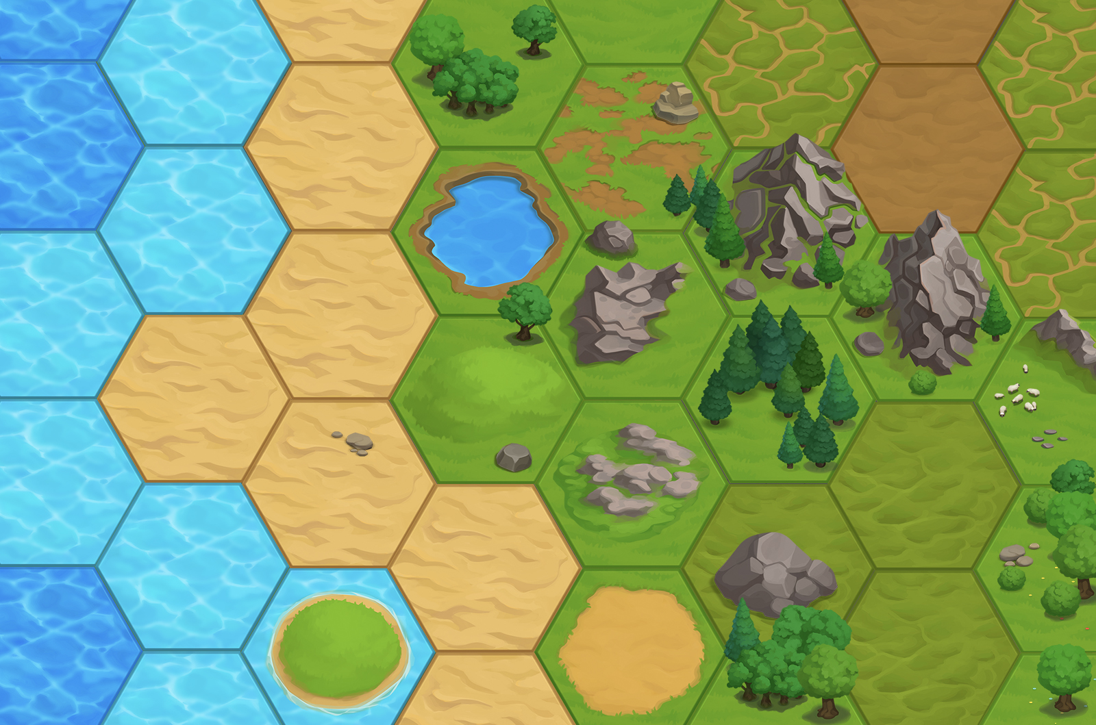 Stylized Hex Fields and Water Basic Set with Objects by squidcg