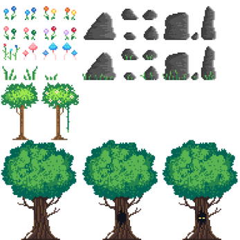 2D Nature Assets (Trees, Flowers, Rocks) by gurokitty