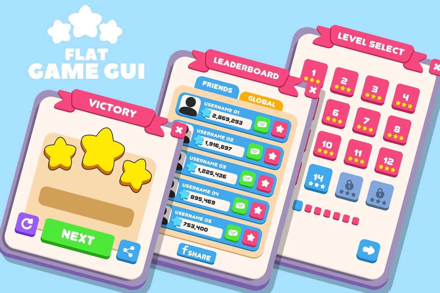 Flat Game UI for mobile games by Renderman