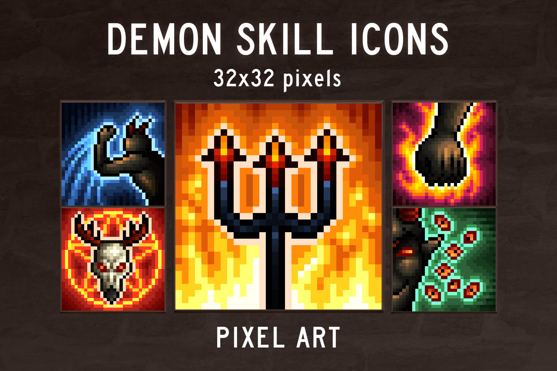 Demon Skill Icons Pixelated by Free Game Assets (GUI, Sprite, Tilesets)