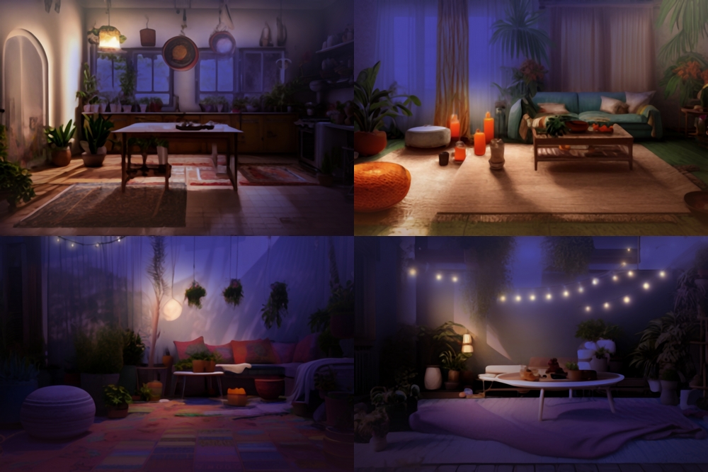 Boho Villa Interiors (Night Versions) Pack: 8 Visual Novel Backgrounds by Rachel Chen