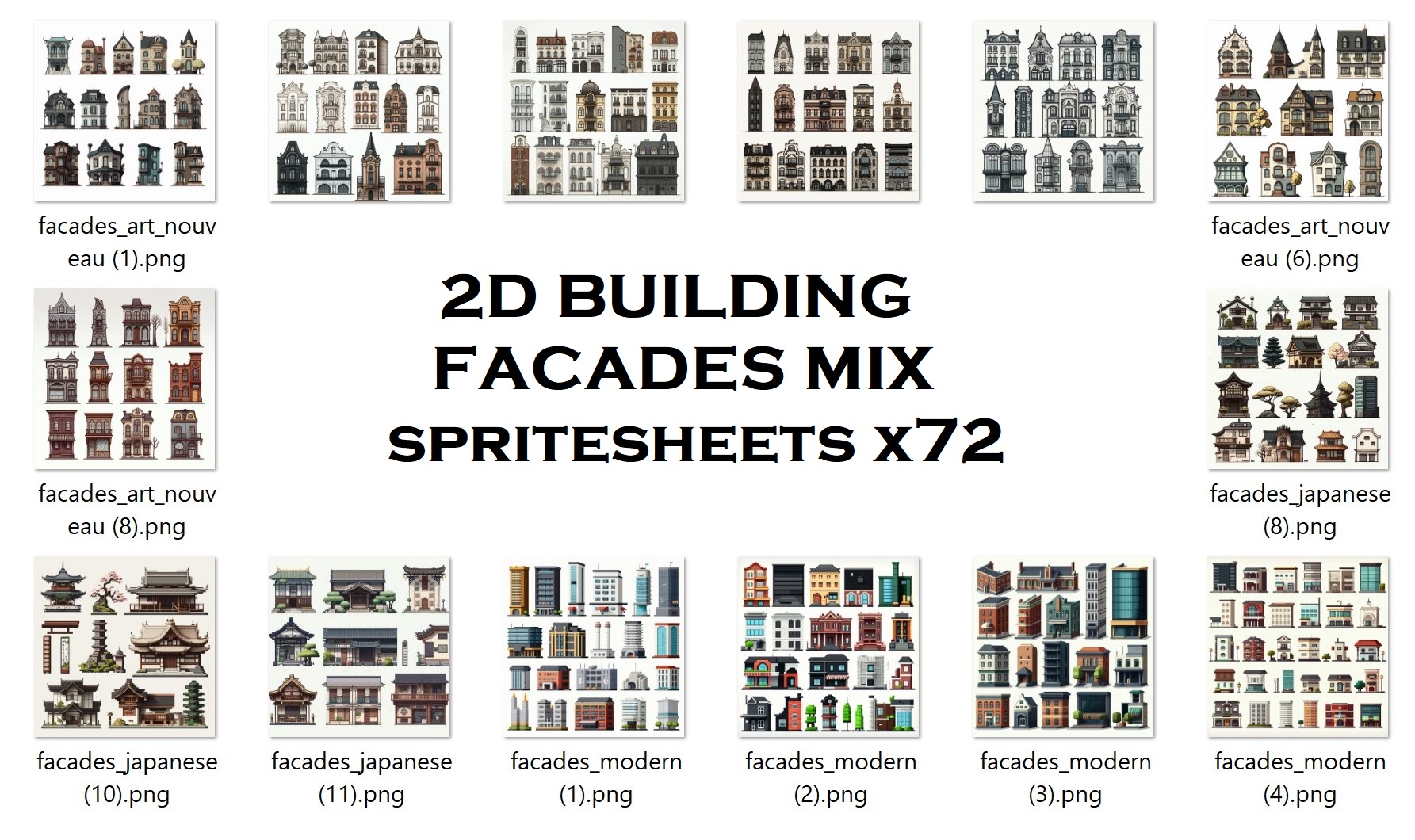 2D BUILDING FACADES MIX spritesheets x72 by vfrabasil