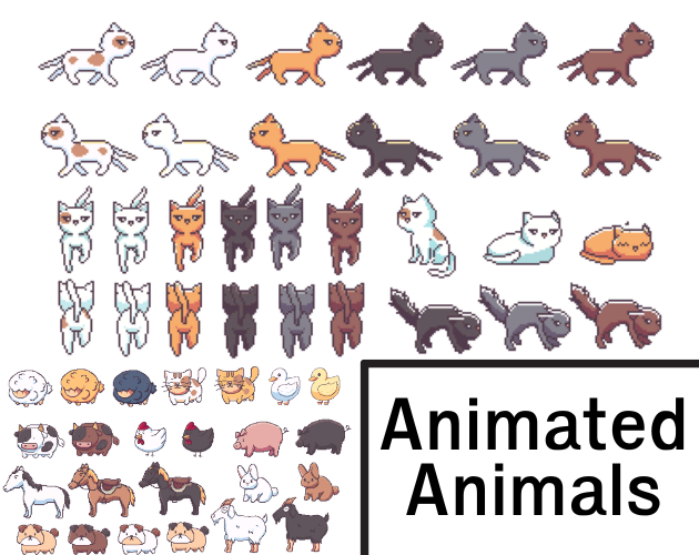 Farm animals and Cat animations Walk 4 directions, Idle, Sleep, Sit ...