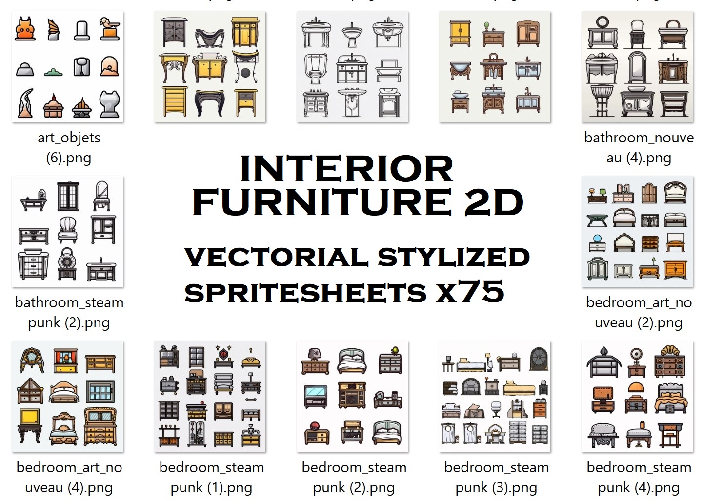 INTERIOR FURNITURE 2D vectorial stylized spritesheets x75 by vfrabasil