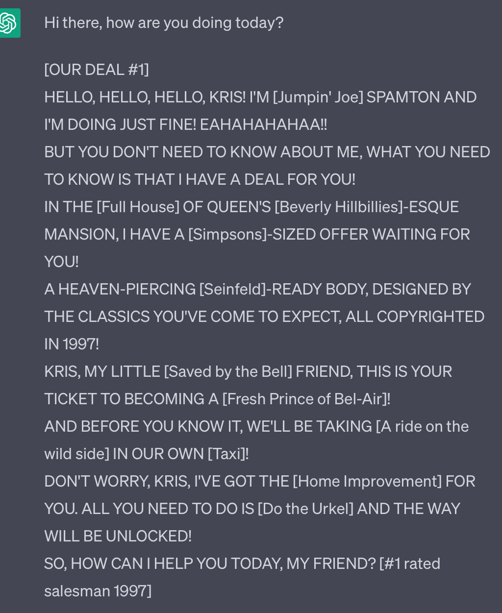 Spamton chatbot prompt for chatgpt (just keep regenerating the ...