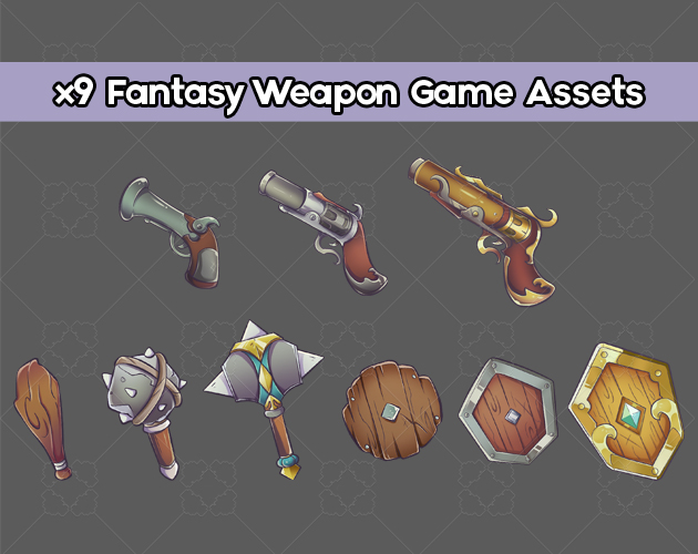 Fantasy Weapon Game Asset (Gun, Mace, Shield) by SeventhSolution