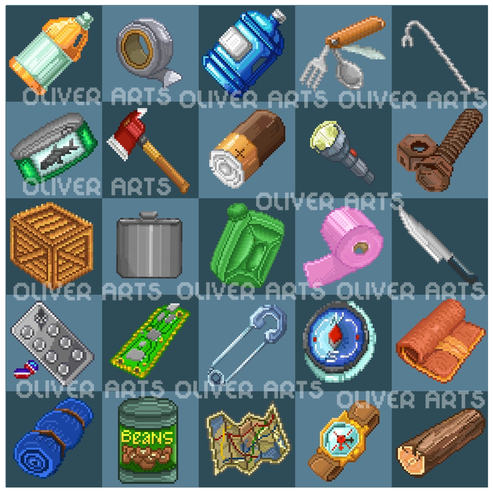 Survival items and collections in pixel art,survival theme vectorized ...