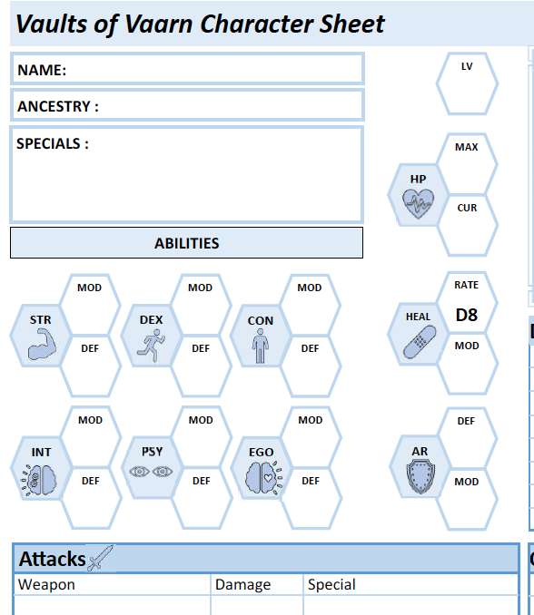 Vaults of Vaarn Character Sheet by RocketPunchPress
