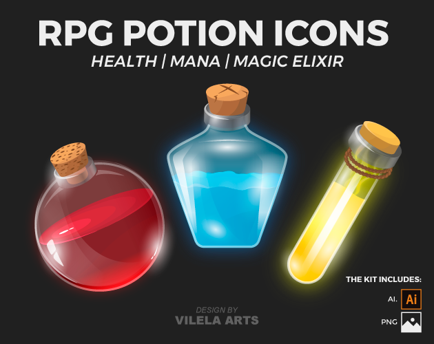 RPG Potion Icons (PNG + AI. DOCUMENT) by Vilela Arts