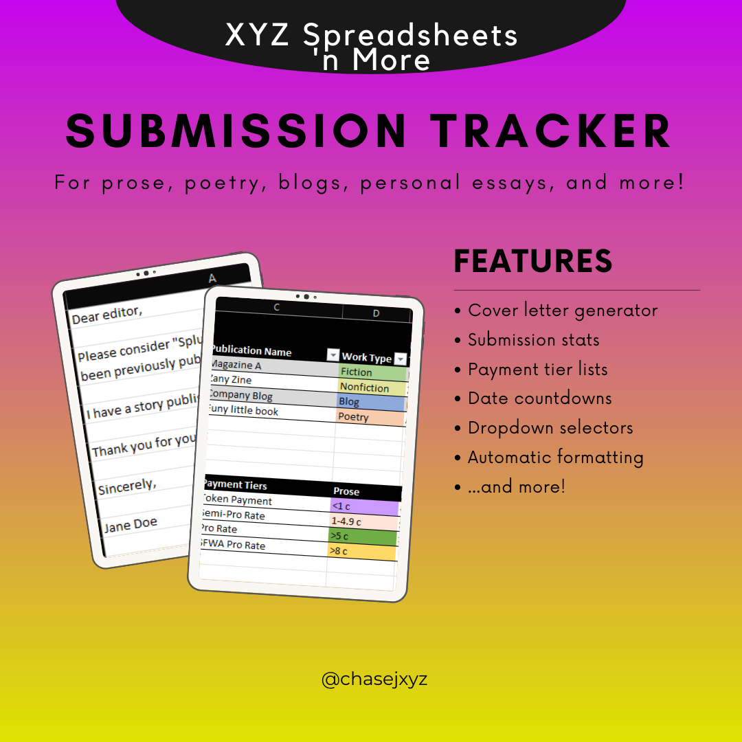 Writing Submission Tracker Spreadsheet by ChaseJxyz