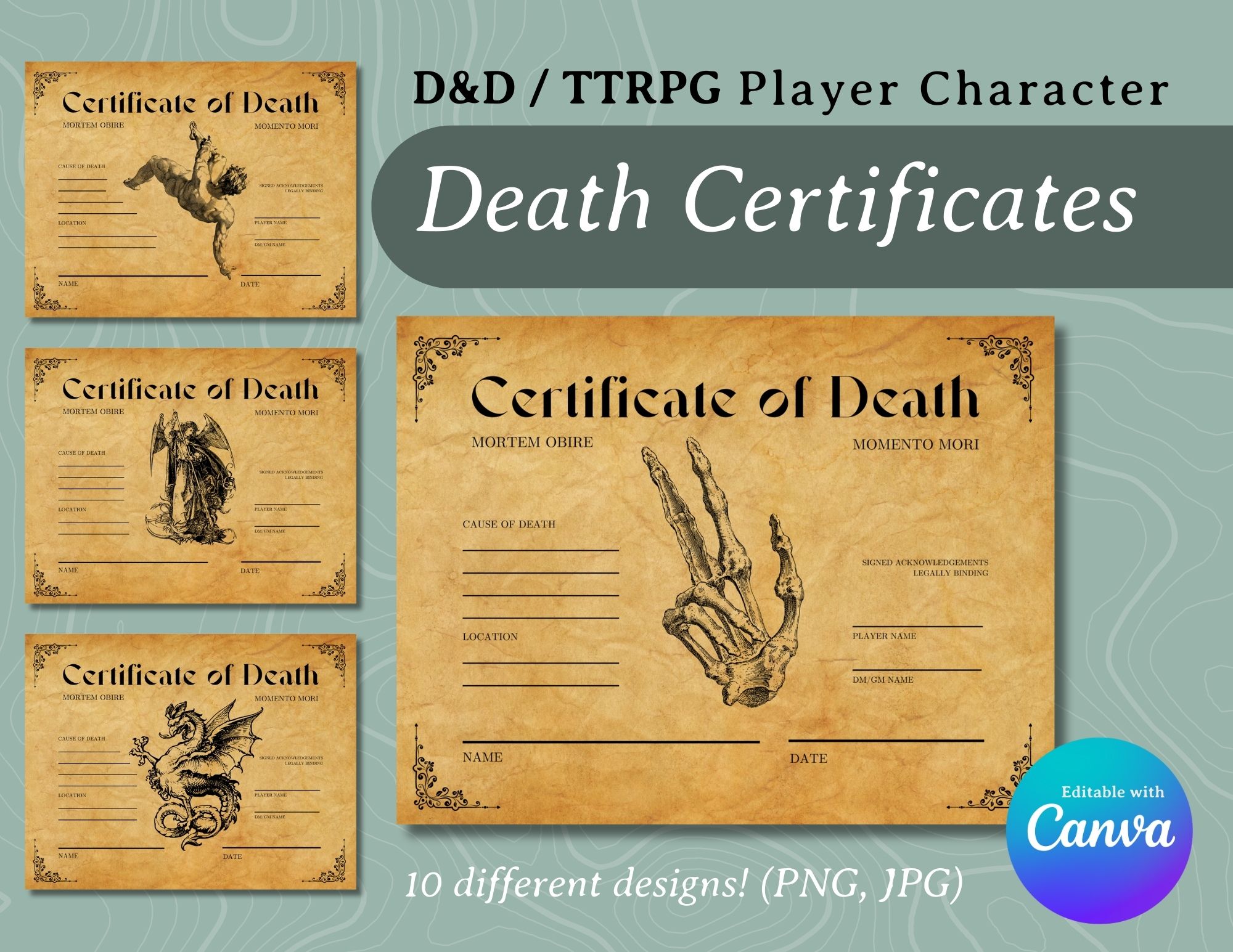 TTRPG Character Death Certificates by Minva Tabletop Design Co