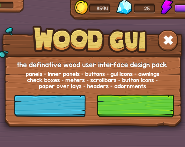 Wood theme game GUI by Robert Brooks - gamedeveloperstudio.com
