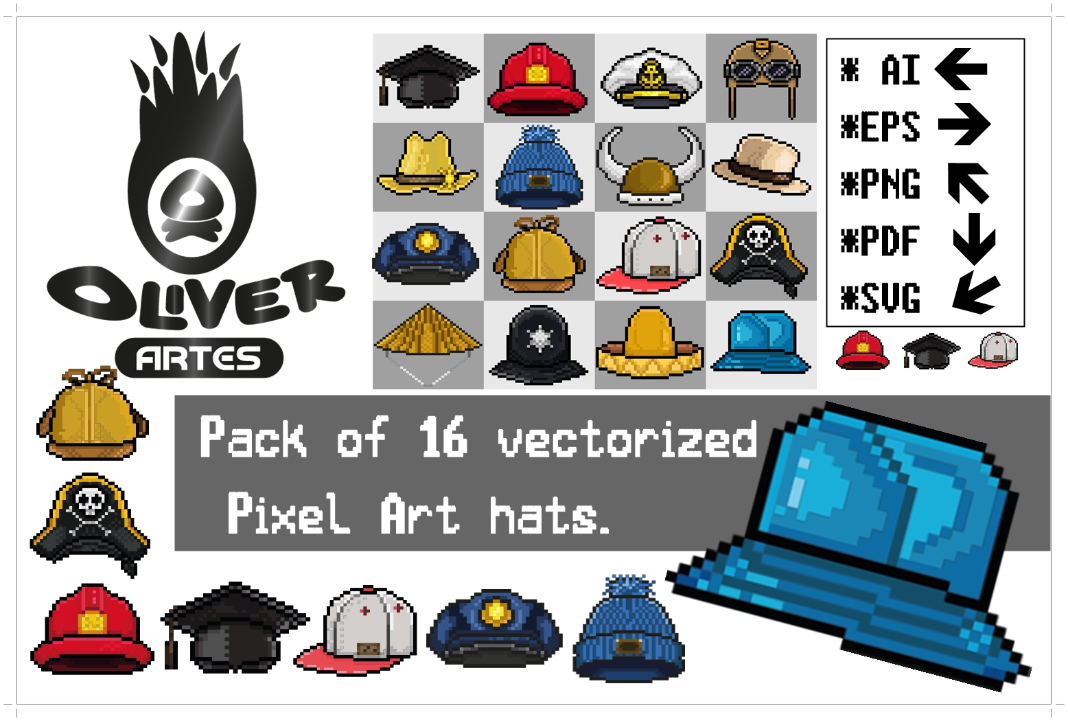 Pack of 16 editable vector pixel art hats, Vector Pixelarte. by Oliver ...
