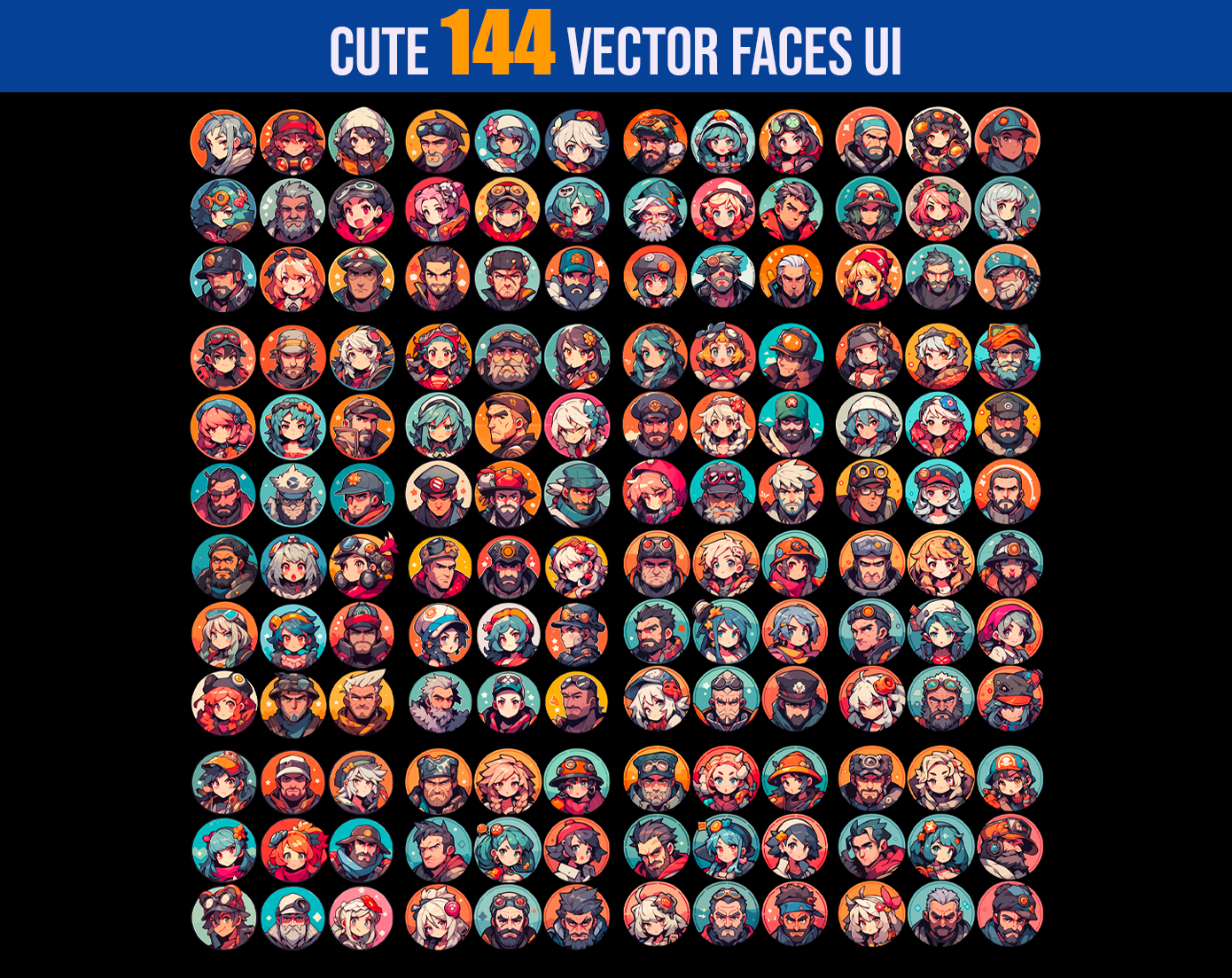 144 VECTOR CHARACTER FACES by UI-KING