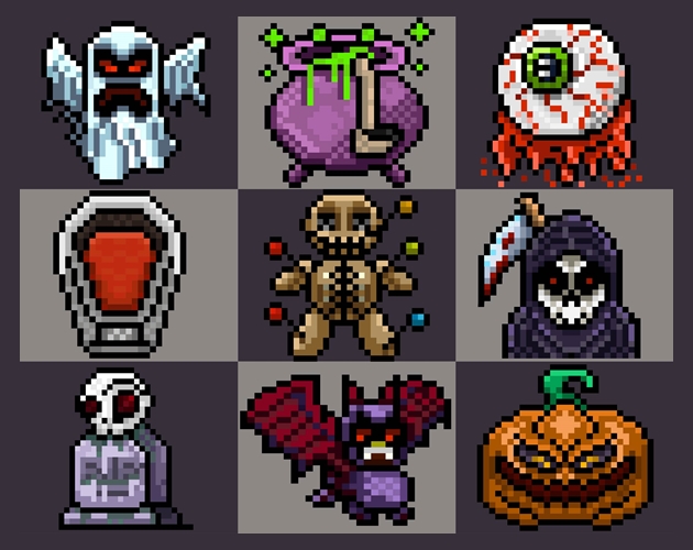 Pack of 9 Horror Halloween Pixel Art Icons, Vectorized and Editable. by ...
