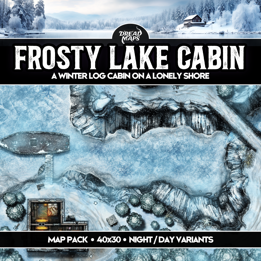 Frosty Lake Cabin TTRPG Battlemap by Dread Maps