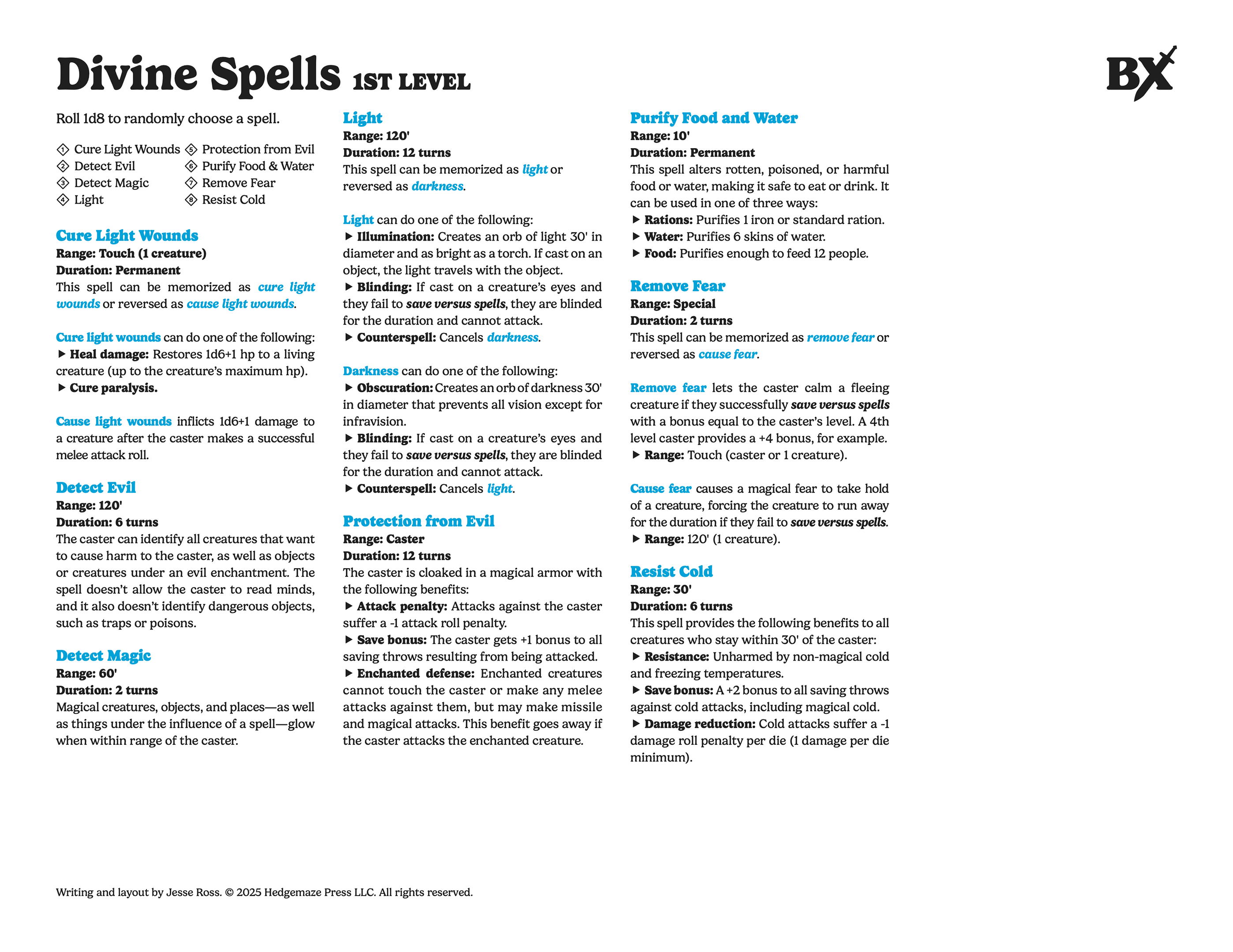 B/X Divine Spells by Hedgemaze Press