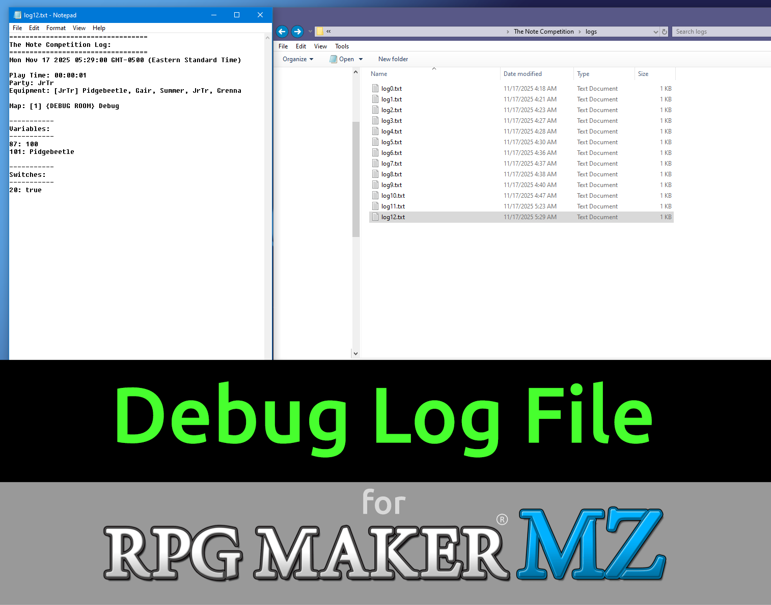 Debug Log File Plugin: Dev Log - Debug Log File Plugin for RPG Maker MZ by Sarena