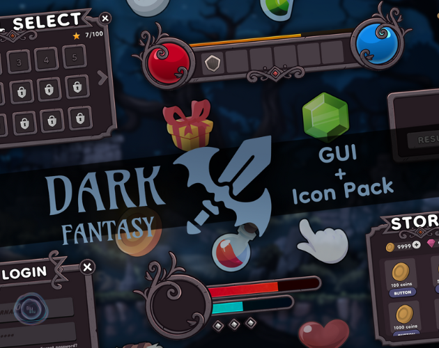 Dark Fantasy GUI + Icons Bundle + PSD GUI files + AI Icons files by ...