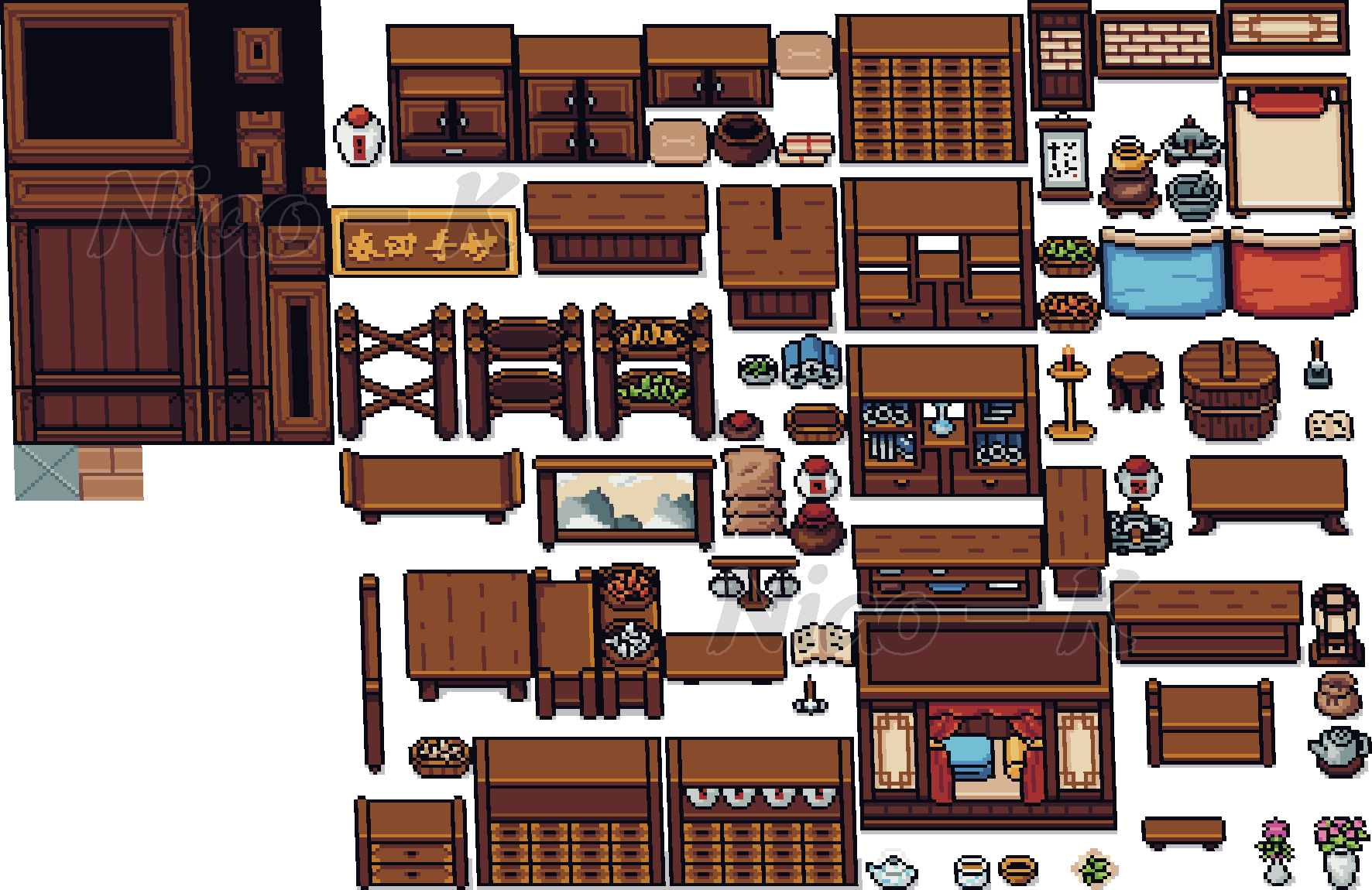 Pixel art / Ancient Chinese medicine shop tileset by Niao_K