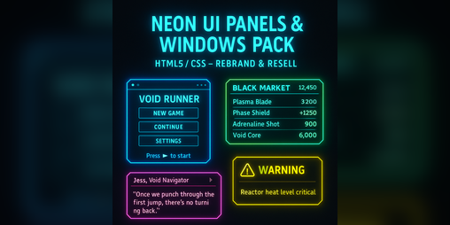 Neon UI Panels & Windows Pack – HTML5 / CSS (Rebrand & Resell) by Mickyboy9