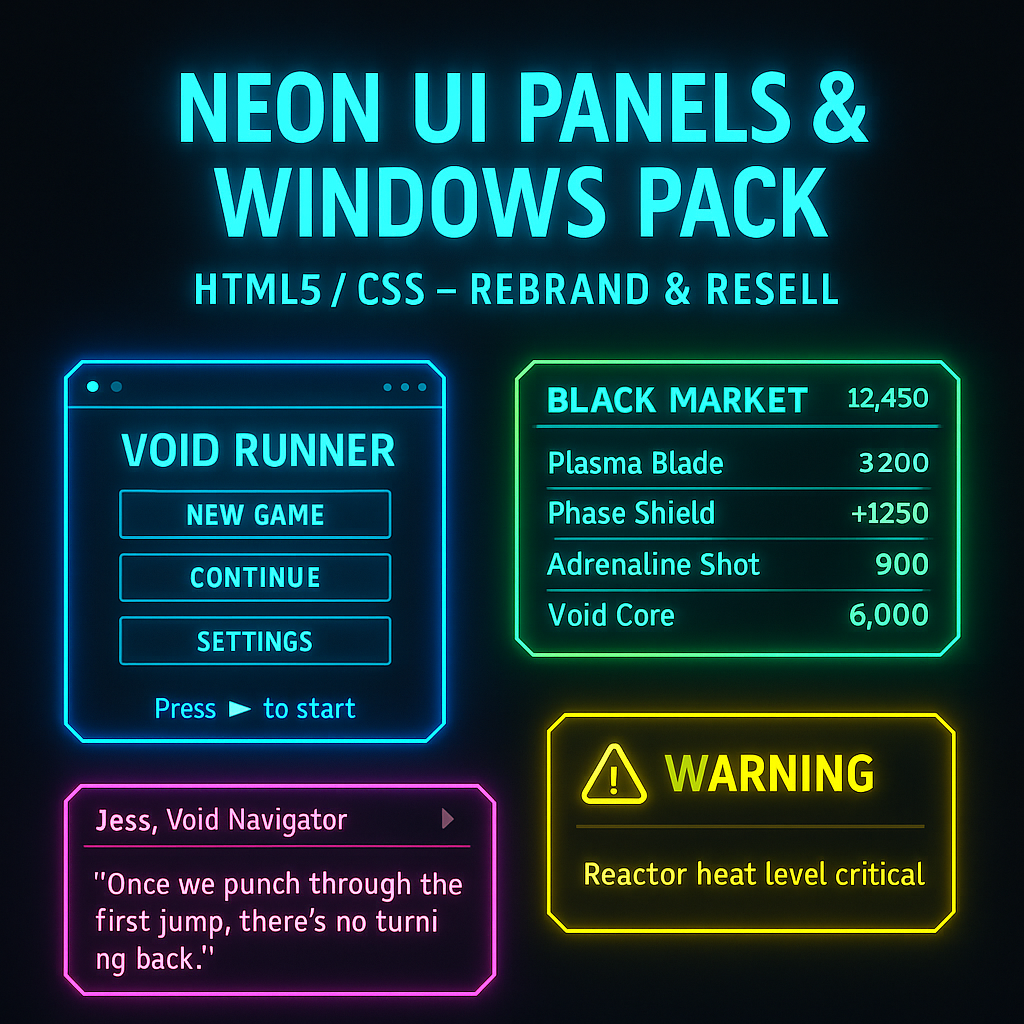 Neon UI Panels & Windows Pack – HTML5 / CSS (Rebrand & Resell) by Mickyboy9