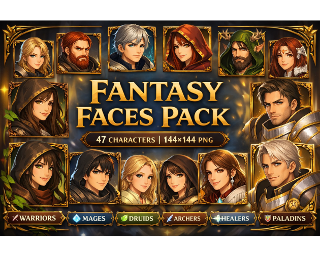 Fantasy Faces Pack (47 Characters, 144×144 PNG) by Marco Brito
