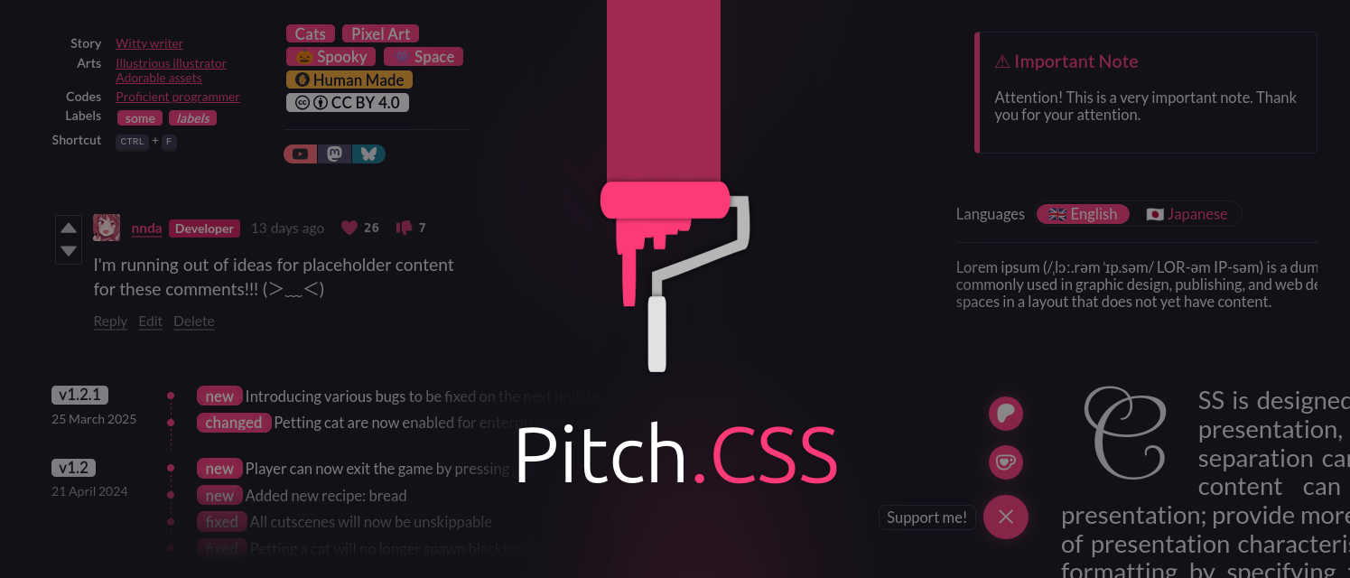 Pitch – CSS Components and Tweaks for Your itch.io Pages by nnda