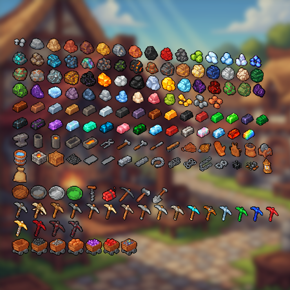150+ Stylized Mining & Smithing Icon Set Pack (32x32) by SODA