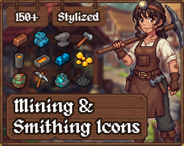 150+ Stylized Mining & Smithing Icon Set Pack (32x32) by SODA