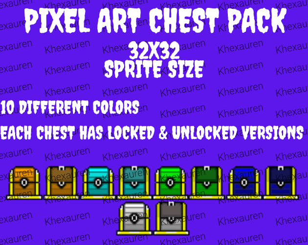 Pixel art style chest asset pack by Khexauren