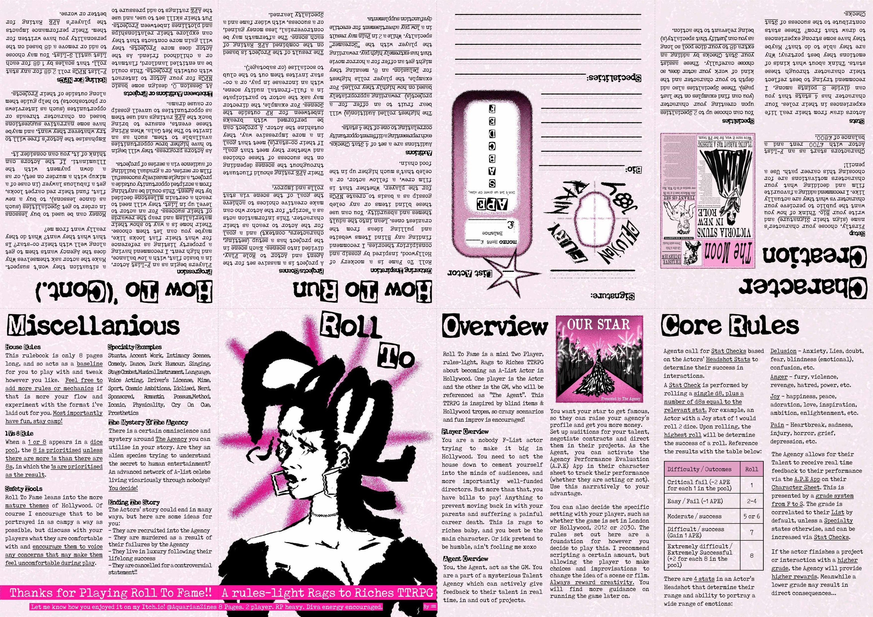 Roll To Fame! A rules light, 2 player, satirical TTRPG zine inspired by ...
