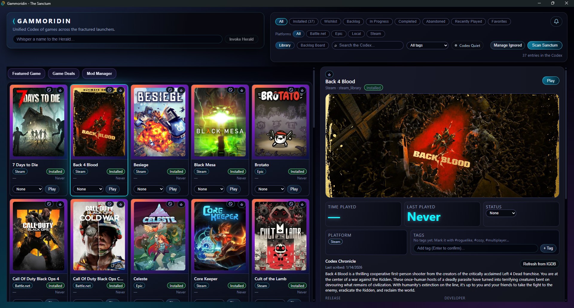 Gammoridin (Beta) — A Local-First PC Game Launcher + Codex (Windows ...
