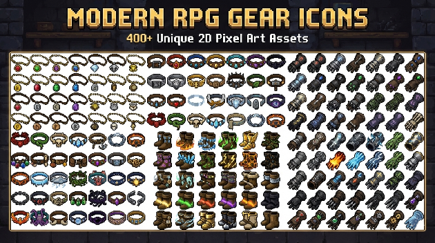 400+ RPG Gear Icons Pixel Art Pack by Seveneves.ai
