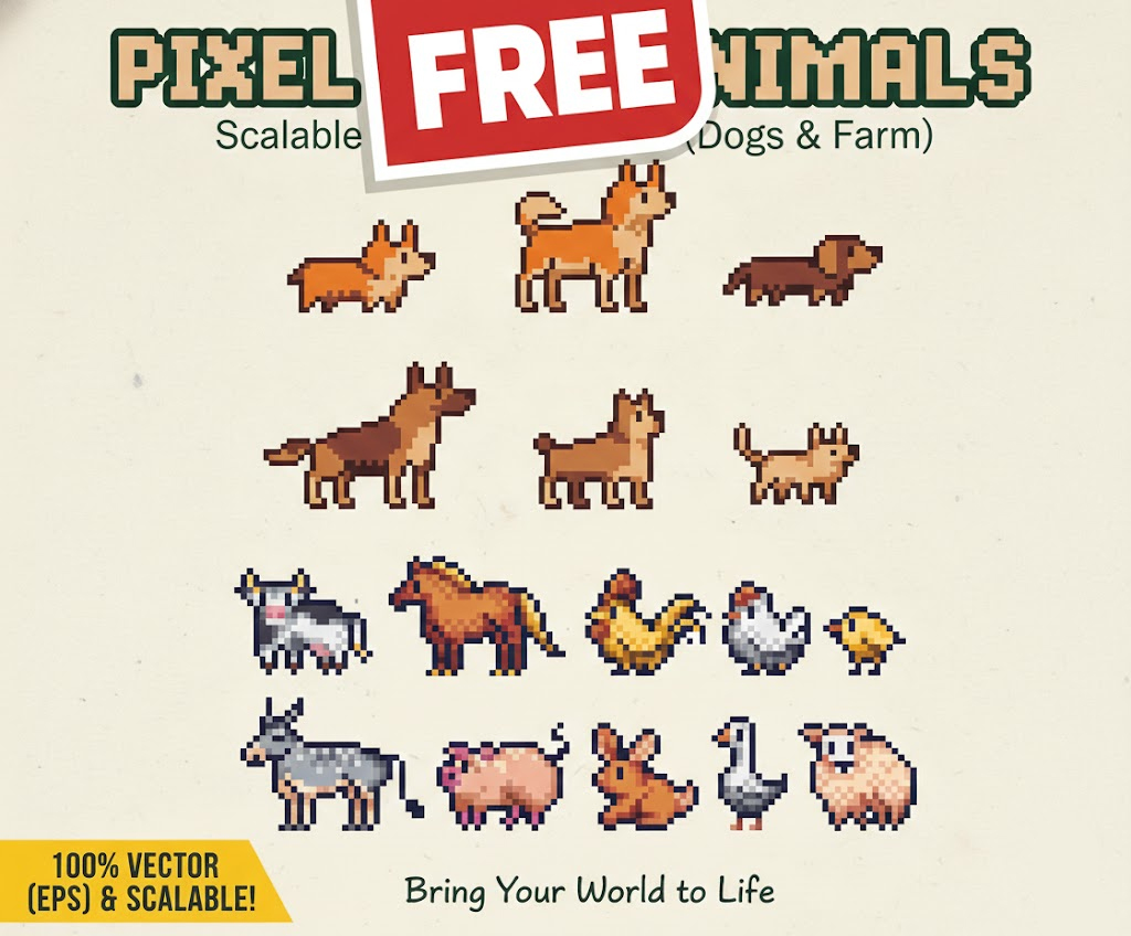 Pixel Cute Animals: Scalable Vector Collection (Dogs & Farm) by Mr Bit