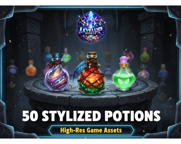 50+ Stylized Fantasy Potion Icons by levelupgameassets