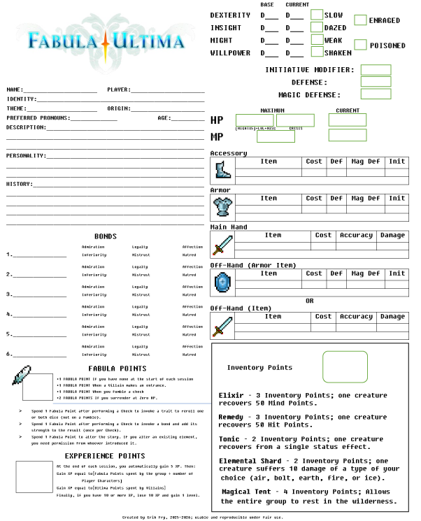 Fabula Ultima Character Sheet (Portrait) by OH_GM_Fryguy