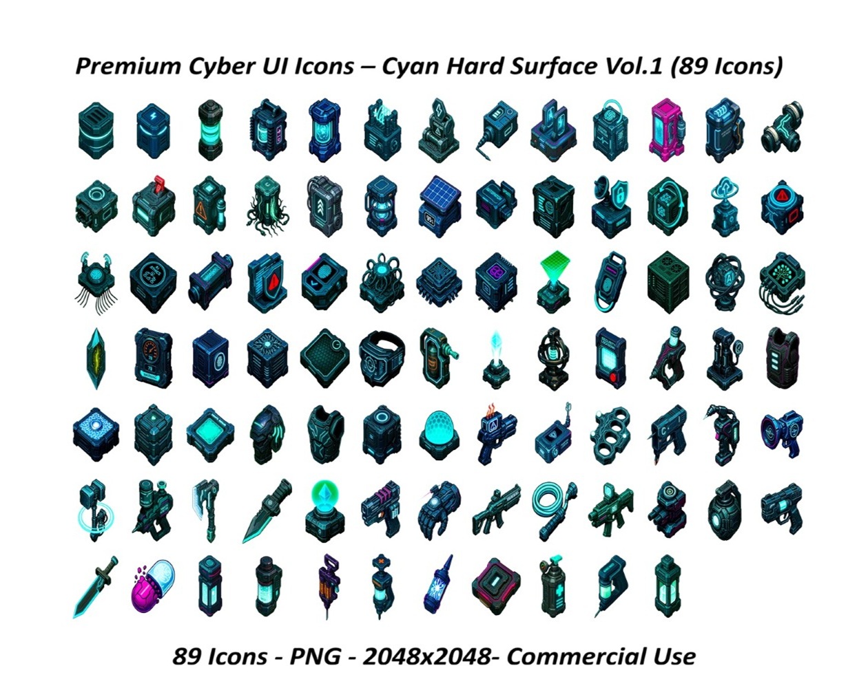 Cyberpunk Inventory & HUD Icons –Cyan Hard Surface (89 Game UI Icons ...