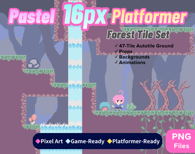 Pastel 16px Style Platformer – Forest Tileset by Karrasu