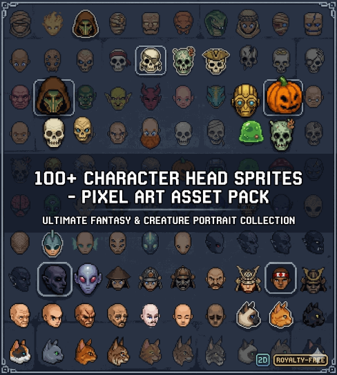 100+ Character Head Sprites - Pixel Art Asset Pack by Seveneves.ai