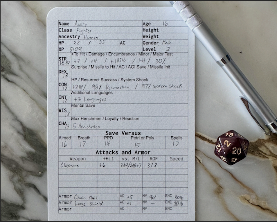 OSRIC 3 4x6 Character Sheet by Cody