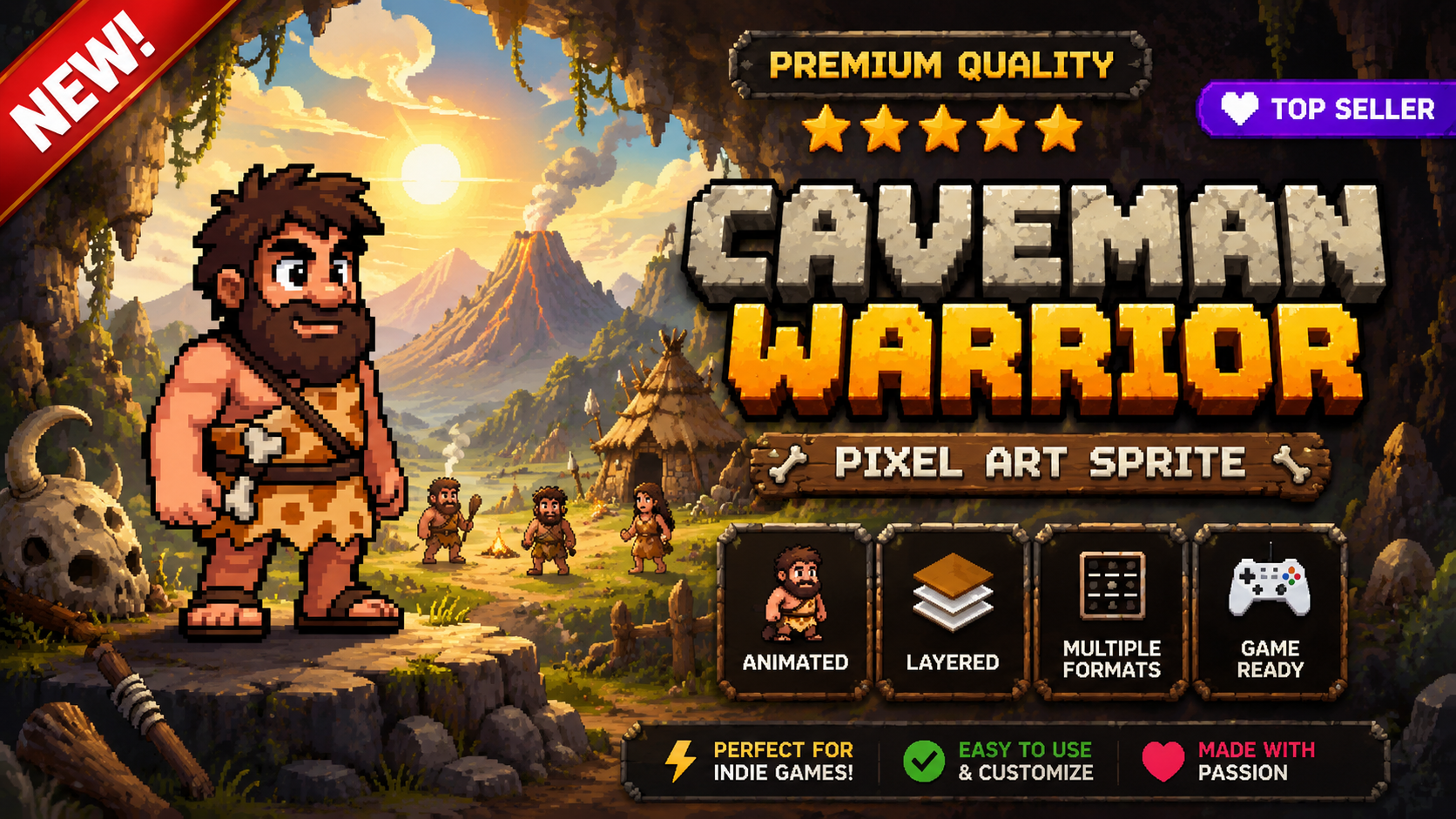 Caveman Warrior Character 2D Game Asset by Monaart666